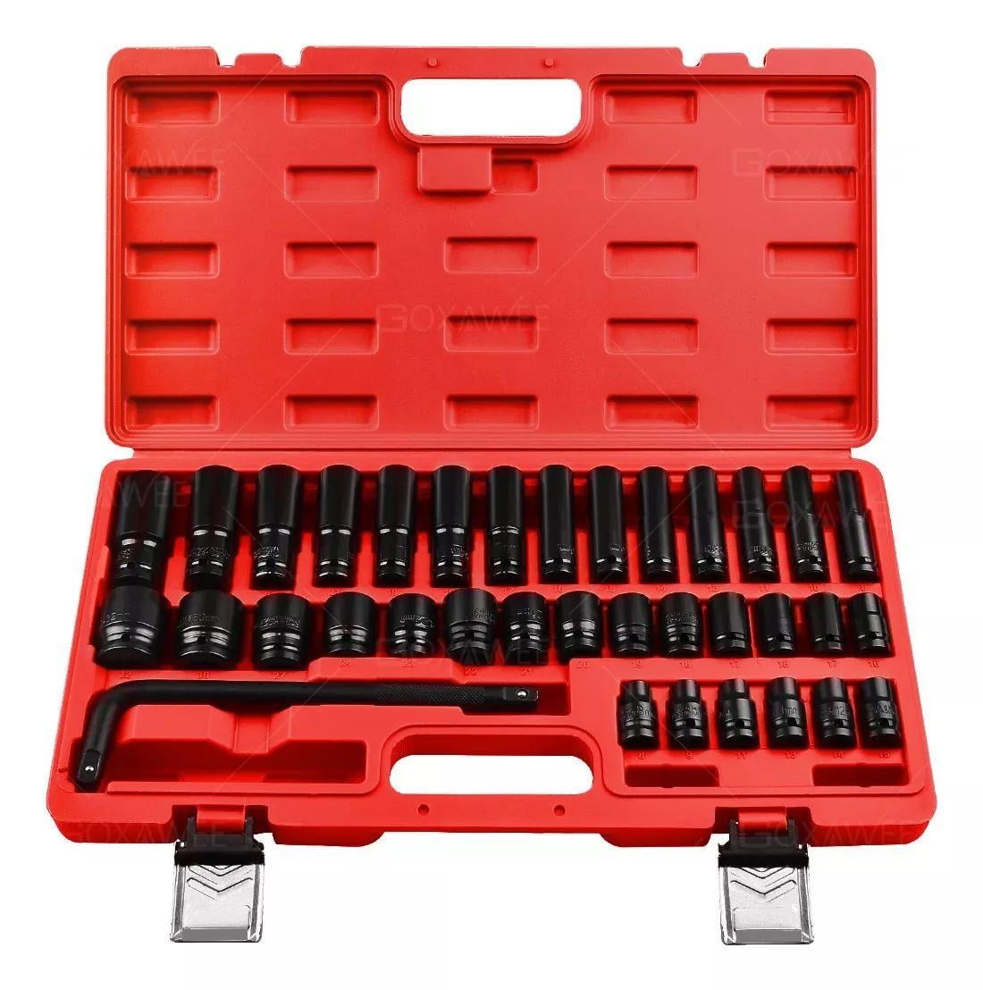 GOXAWEE 35-Piece 1/2" Drive Impact Socket Set with Bent Rod, CR-V ...