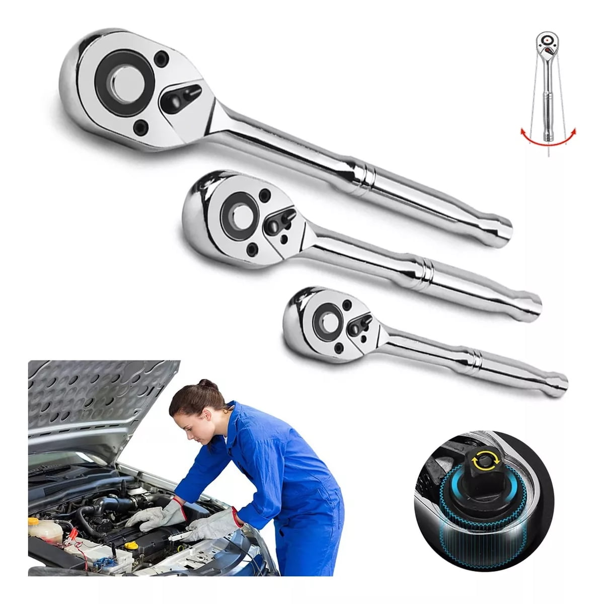 GOXAWEE 3Pcs Ratchet Tool Set, 1/2", 3/8", 1/4" Drive, 72-Tooth Gear, Quick-Release, Full ...