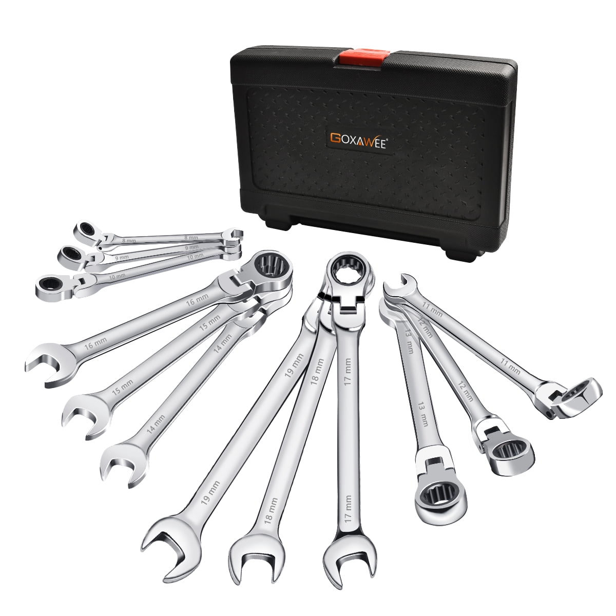 GOXAWEE Flexible Ratcheting Wrench Set 12-Piece Metric 8-19mm Flex-Head ...