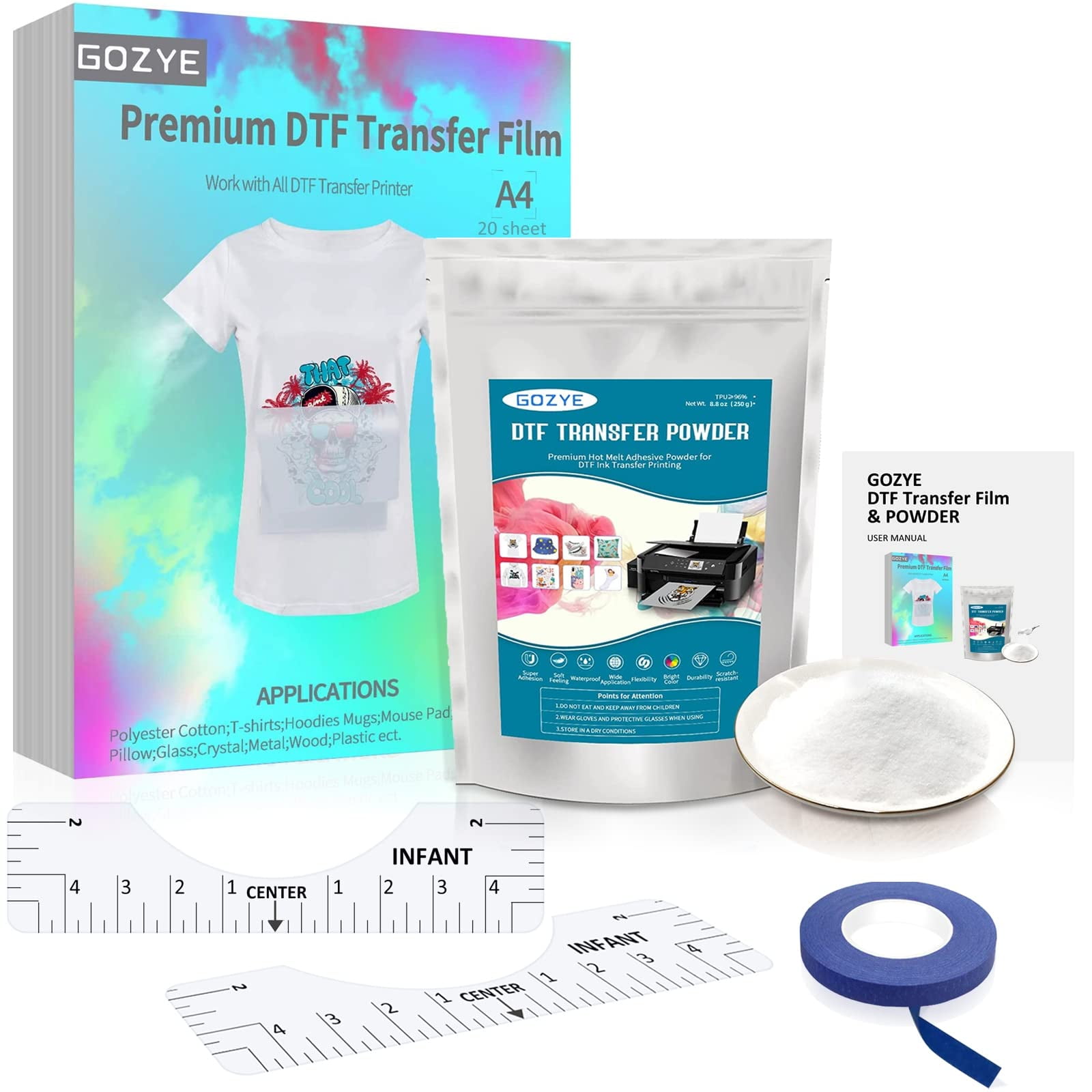 GOZYE DTF Transfer Film TSF6 and DTF Powder Set, Film Starter Kit ...