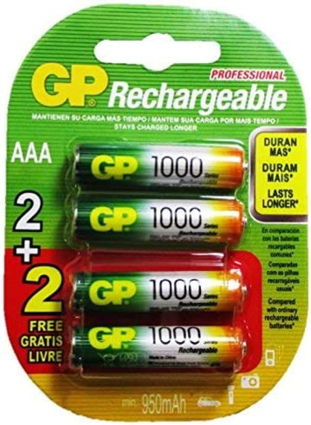 GP Recyko AAA NiMH Pre-Charged Rechargable 1.2v 1000mAh 2 Batteries + 2 ...