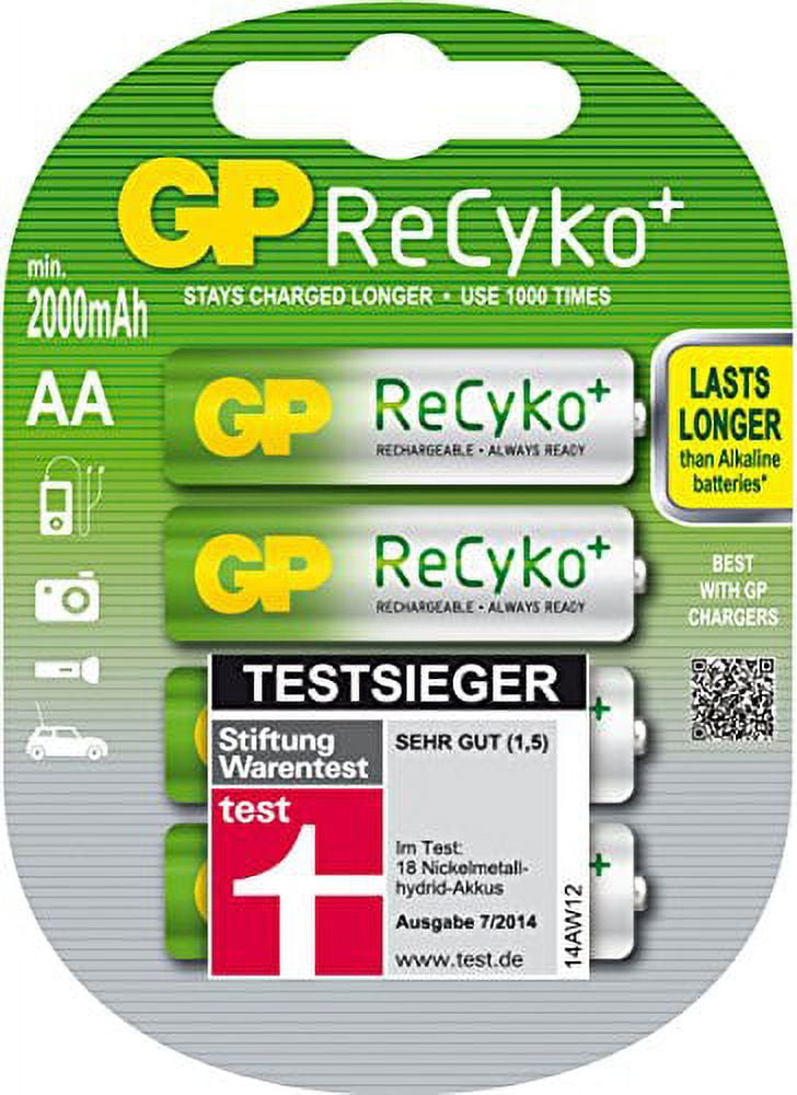 GP Recyko NiMH Pre-Charged Rechargable 1.2v, 2000mAh, AA Batteries (4 ...