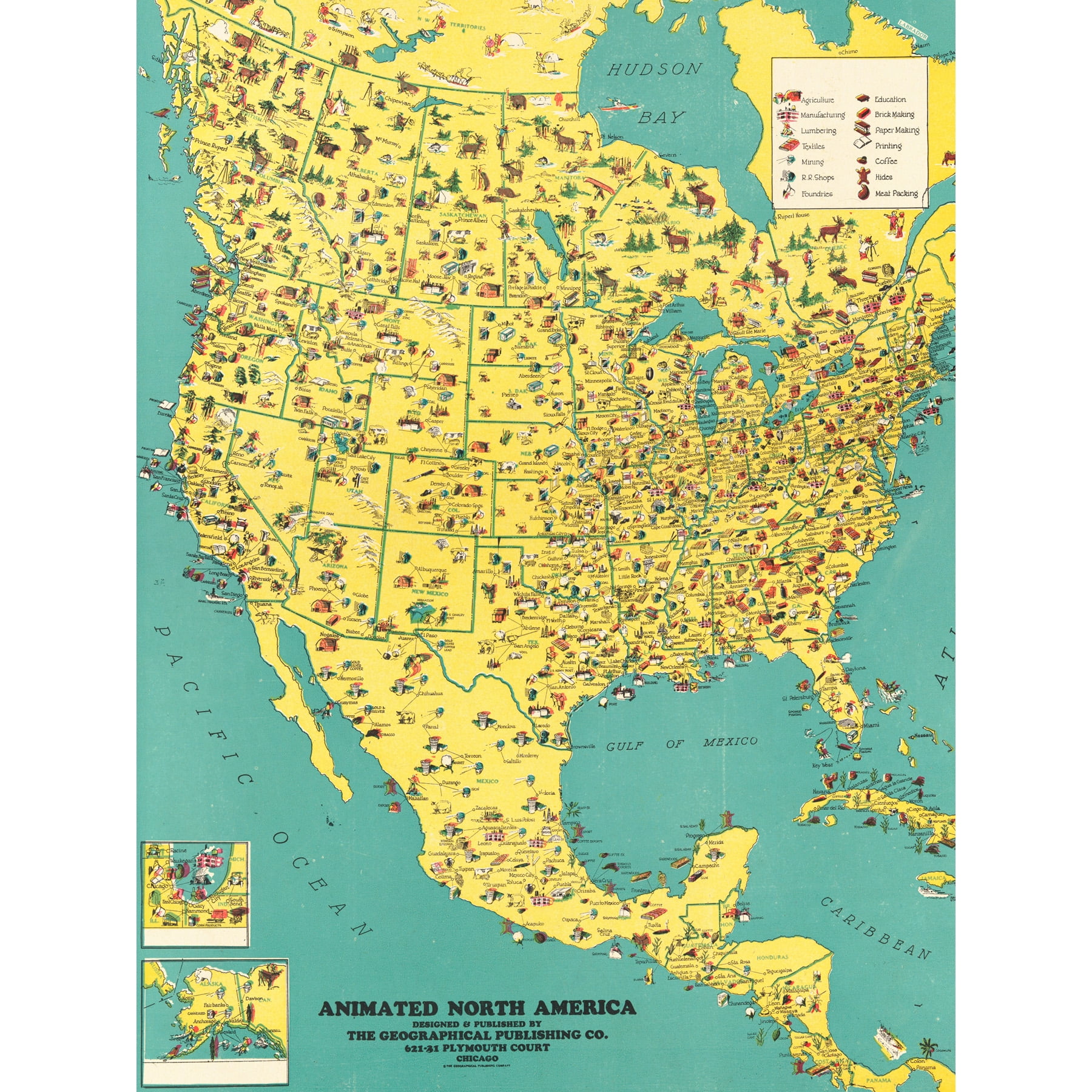 GPC 1944 Pictorial Map North America Industry Extra Large Art Print ...