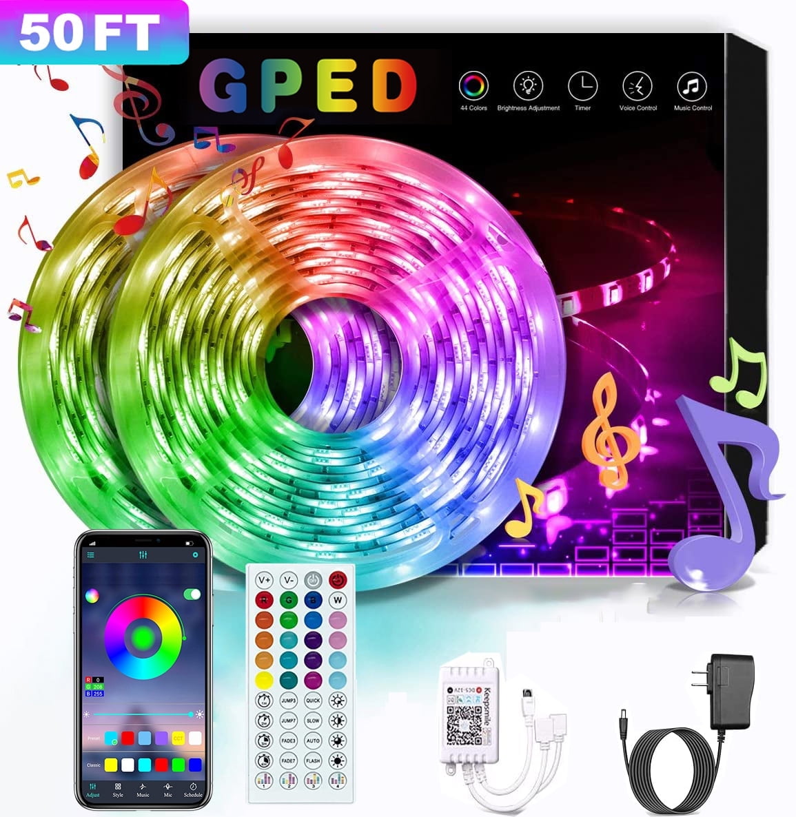 50FT Smart RGB LED Strip Light, 5050 SMD, Music Sync, Bluetooth APP ...