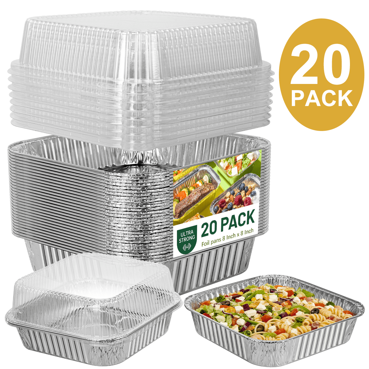 GPED Aluminum Pans with Clear Plastic Lids-20 Pack, 8x8 INCH Square ...