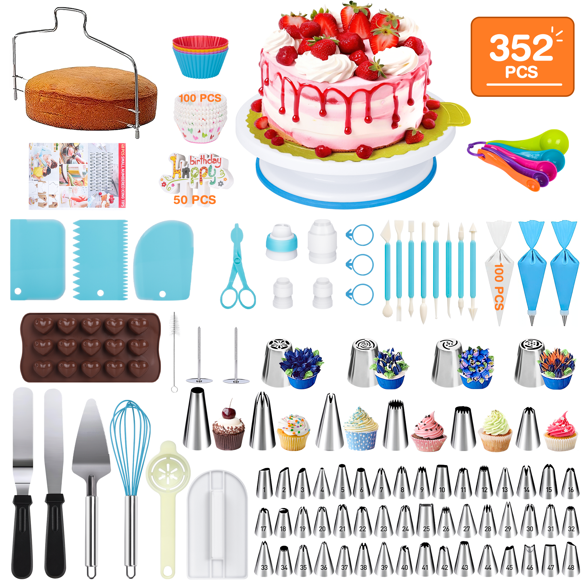 GPED Cake Decorating Kit, 352 Pcs Cake Baking Supplies W/ 48 Round ...