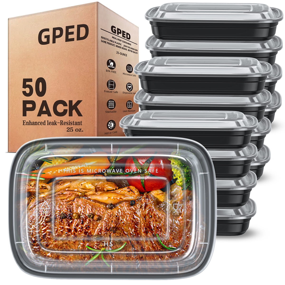GPED 25oz Meal Prep Containers, 50 Pack, Bento Box, Reusable, BPA Free, Food Storage with Lids ...