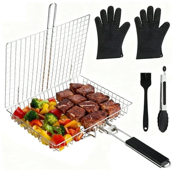 GPED Portable Stainless Steel Grill Basket, Folding BBQ Grill Basket ...