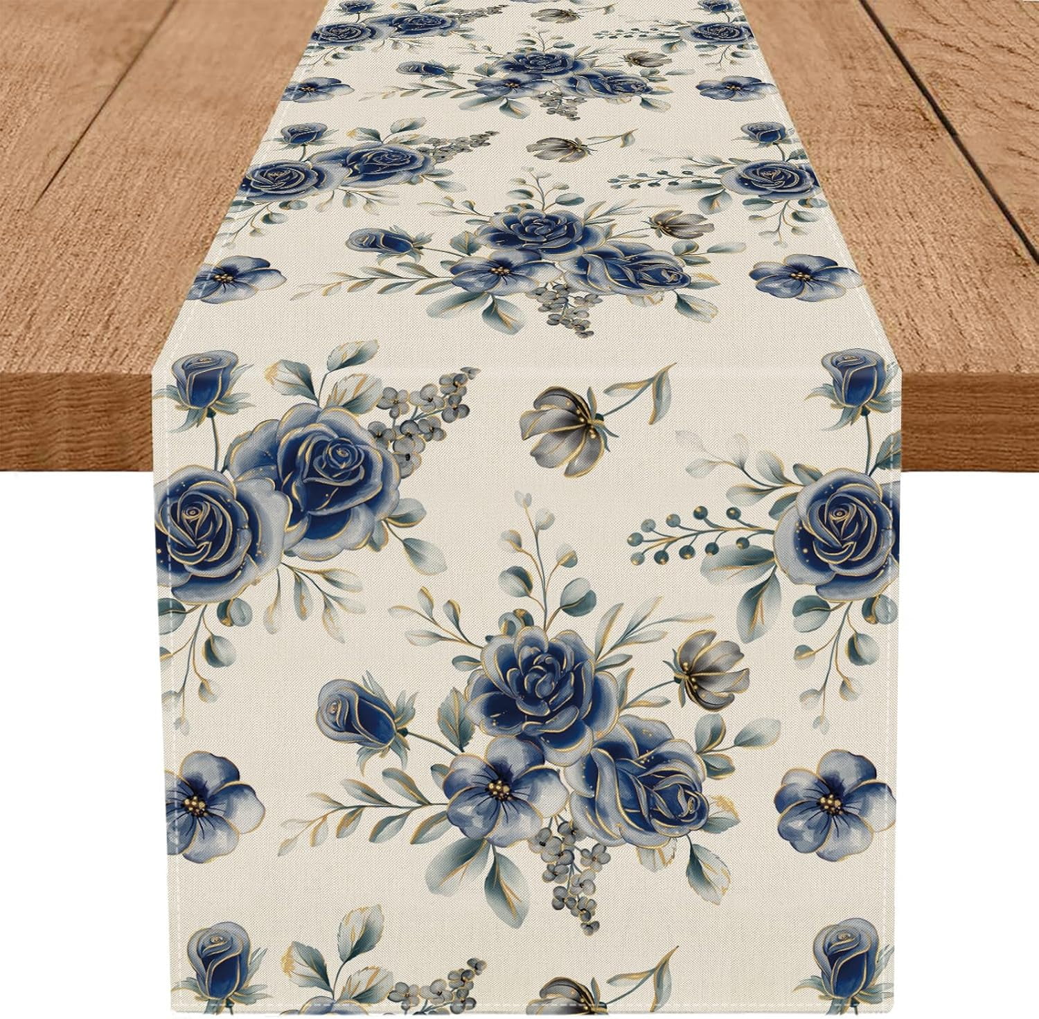 GPGHE Spring Table Runner Blue Rose Flowers Table Runners Seasonal ...