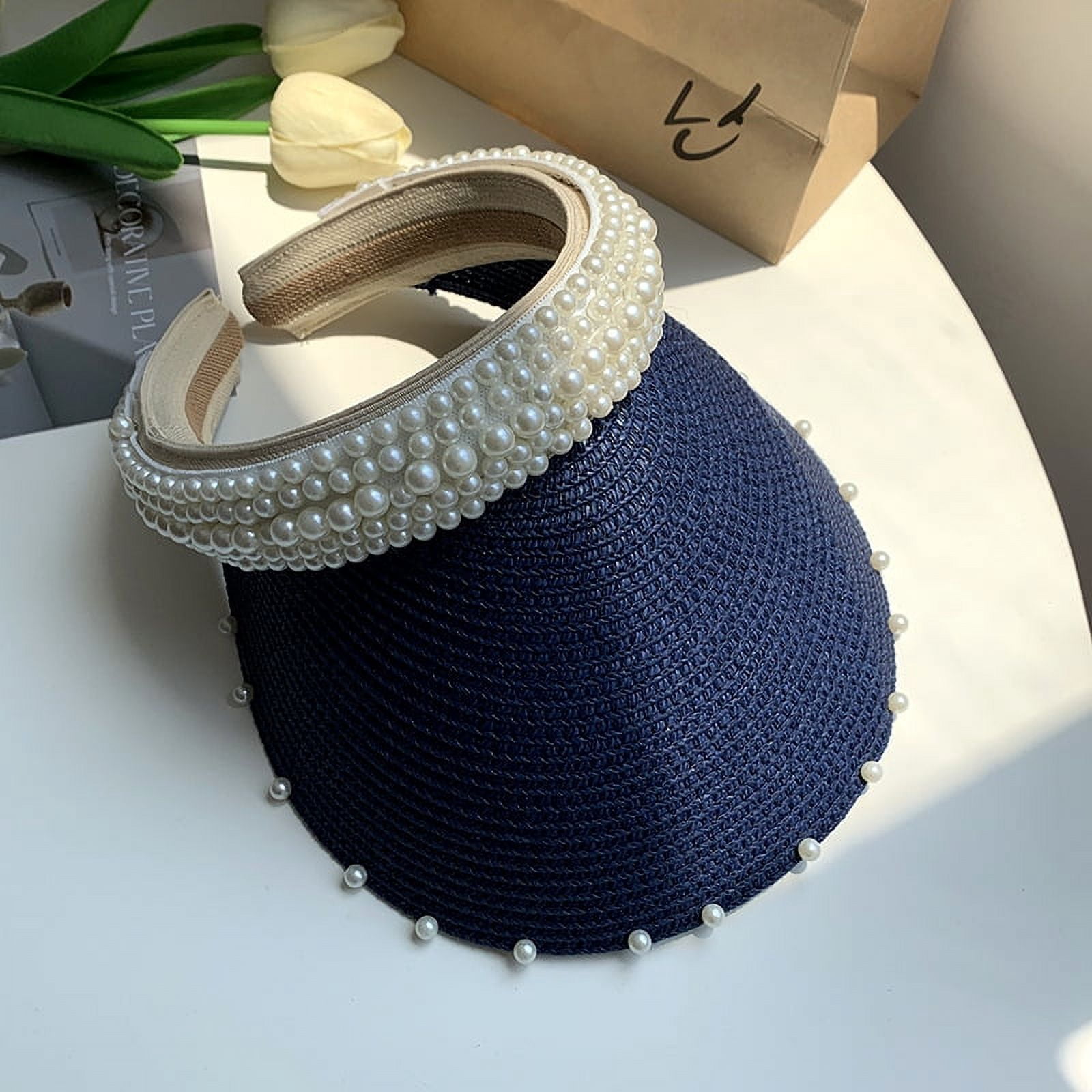 GPHOMRYYY Instagram Popular Pearl Empty Top Hat For Women In Summer Sun ...