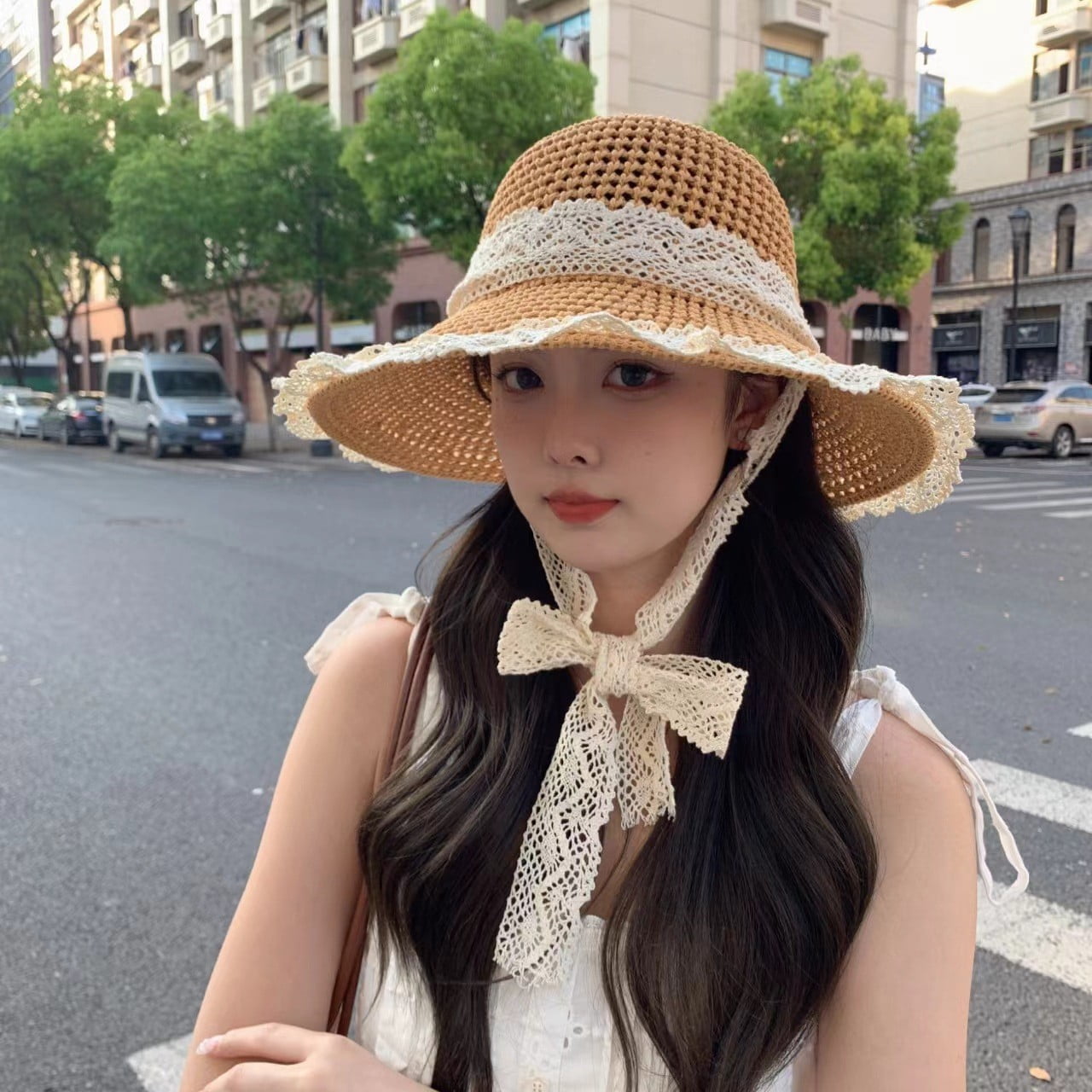 GPHOMRYYY Lace Tied Hollow Grass Woven Hat For Women's Summer Outing ...