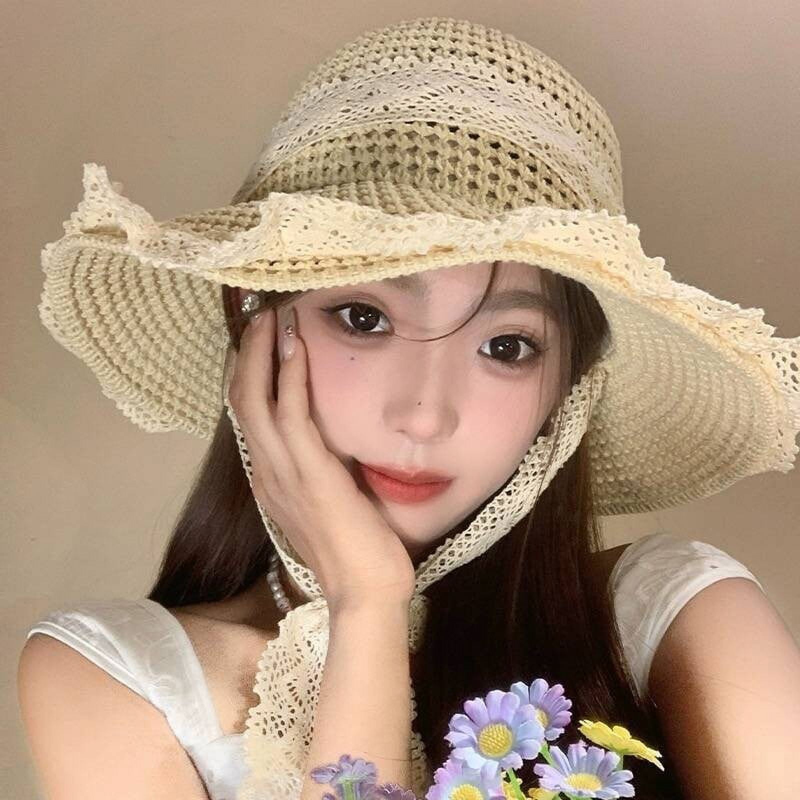 GPHOMRYYY Lace Tied Hollow Grass Woven Hat For Women's Summer Outing ...