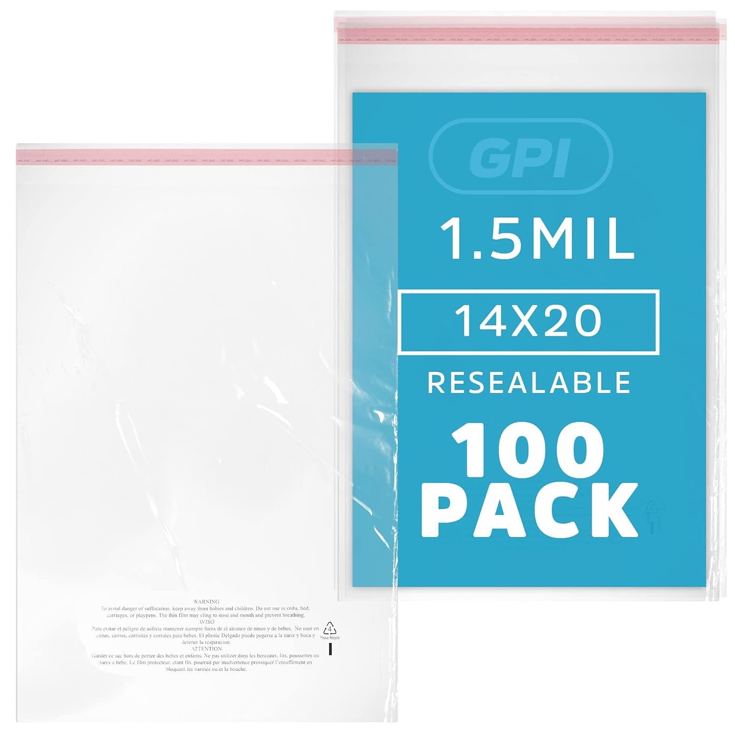 GPI 14” x 20” Clear Plastic Bags Self-Seal Polybags with Adhesive Strip ...