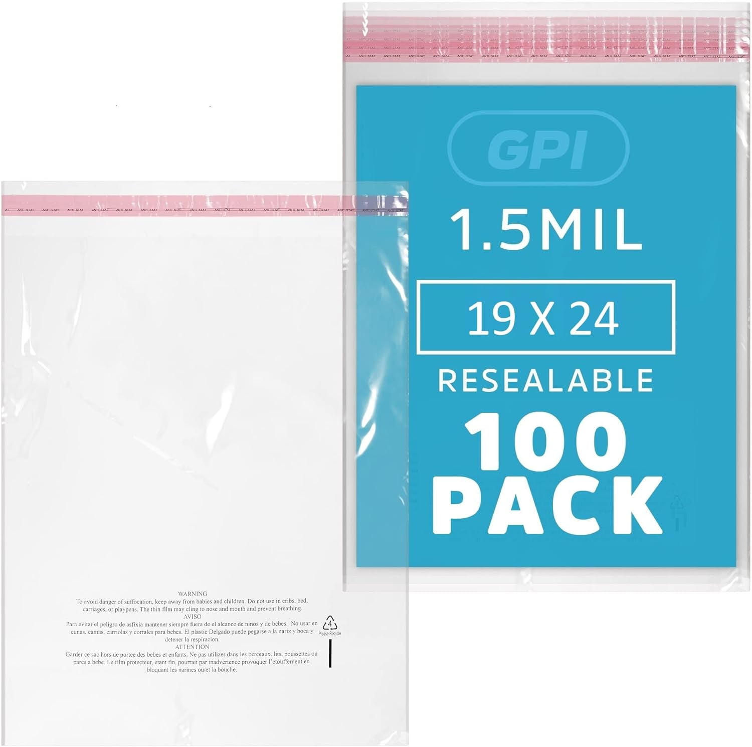 GPI 19” x 24” Clear Plastic Bags Self-Seal Polybags with Adhesive Strip & Suffocation Warning ...