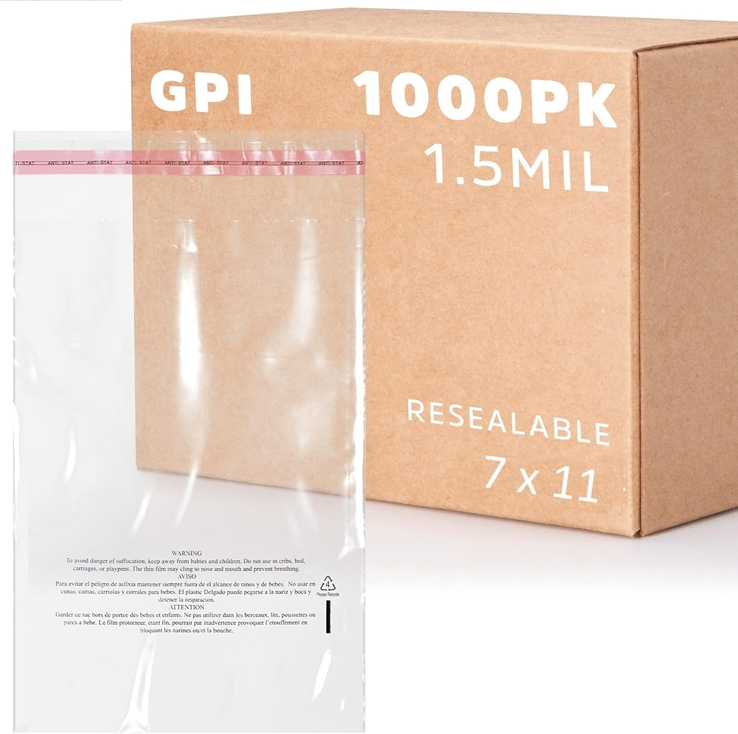 GPI Clear Plastic Self-Seal Polybags, 7x11 Inch, 1000-Pack, Adhesive Strip, Suffocation Warning ...