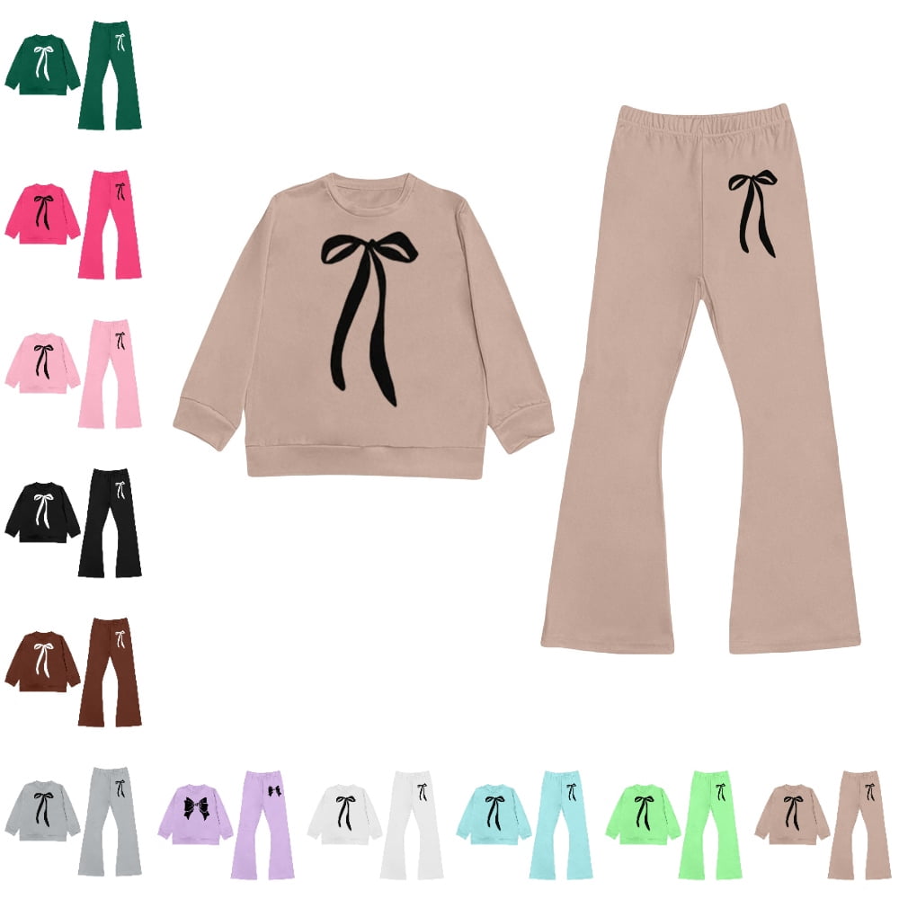 GPOECD Girls Outfits Long Sleeve Top and Flare Pants with Bow Print ...