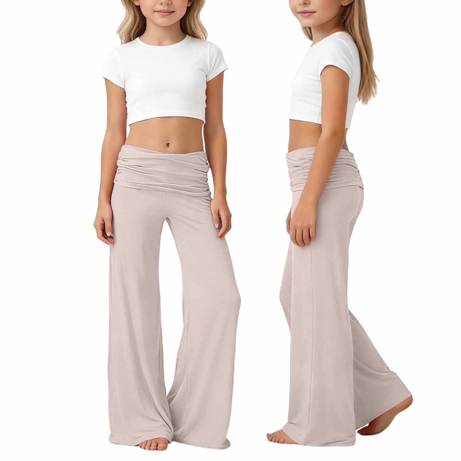 GPOECD Girls Wide Leg Pants Waist Pleated Pure Color Loose Yoga Casual ...