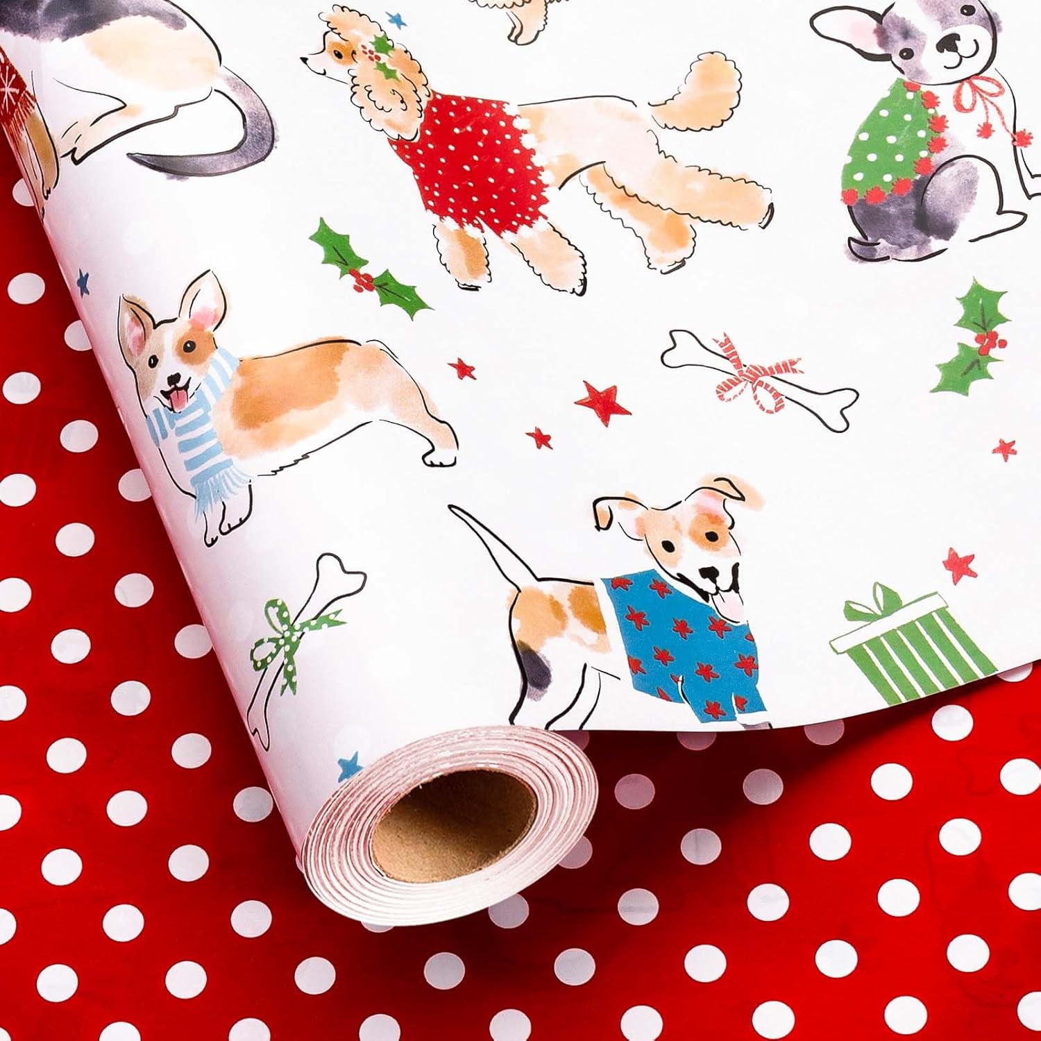 GRA Reversible Christmas Wrapping Paper Roll - Cute Watercolor Style ...