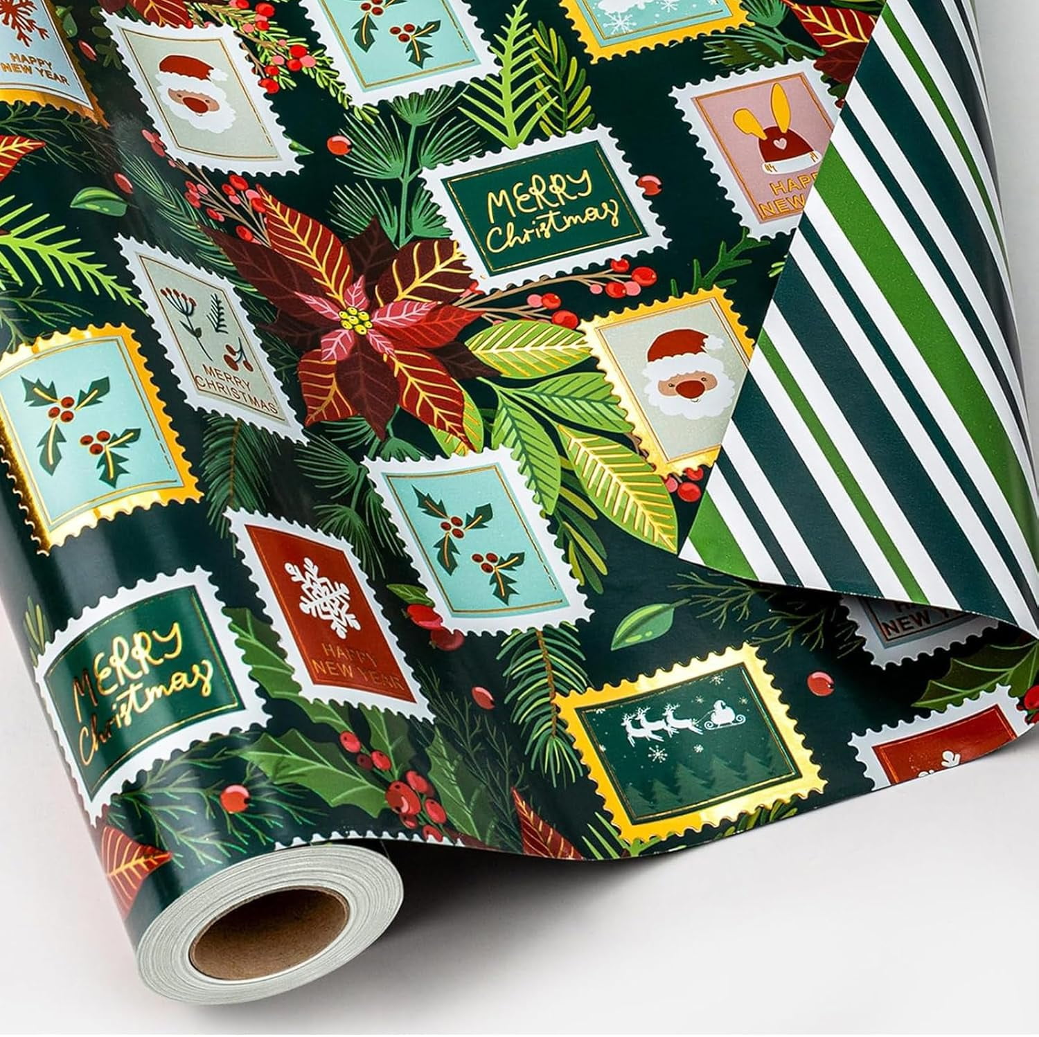 GRA Reversible Christmas Wrapping Paper Roll - Green Metallic Foil ...
