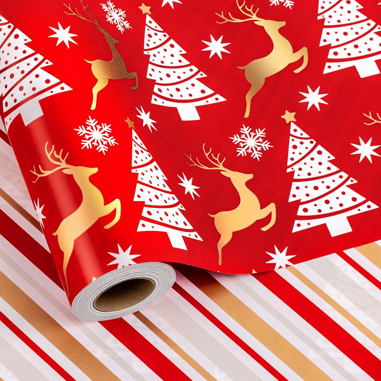 GRA Reversible Reindeer, Stripe Christmas Wrapping Paper Roll - 46.8 sq ...