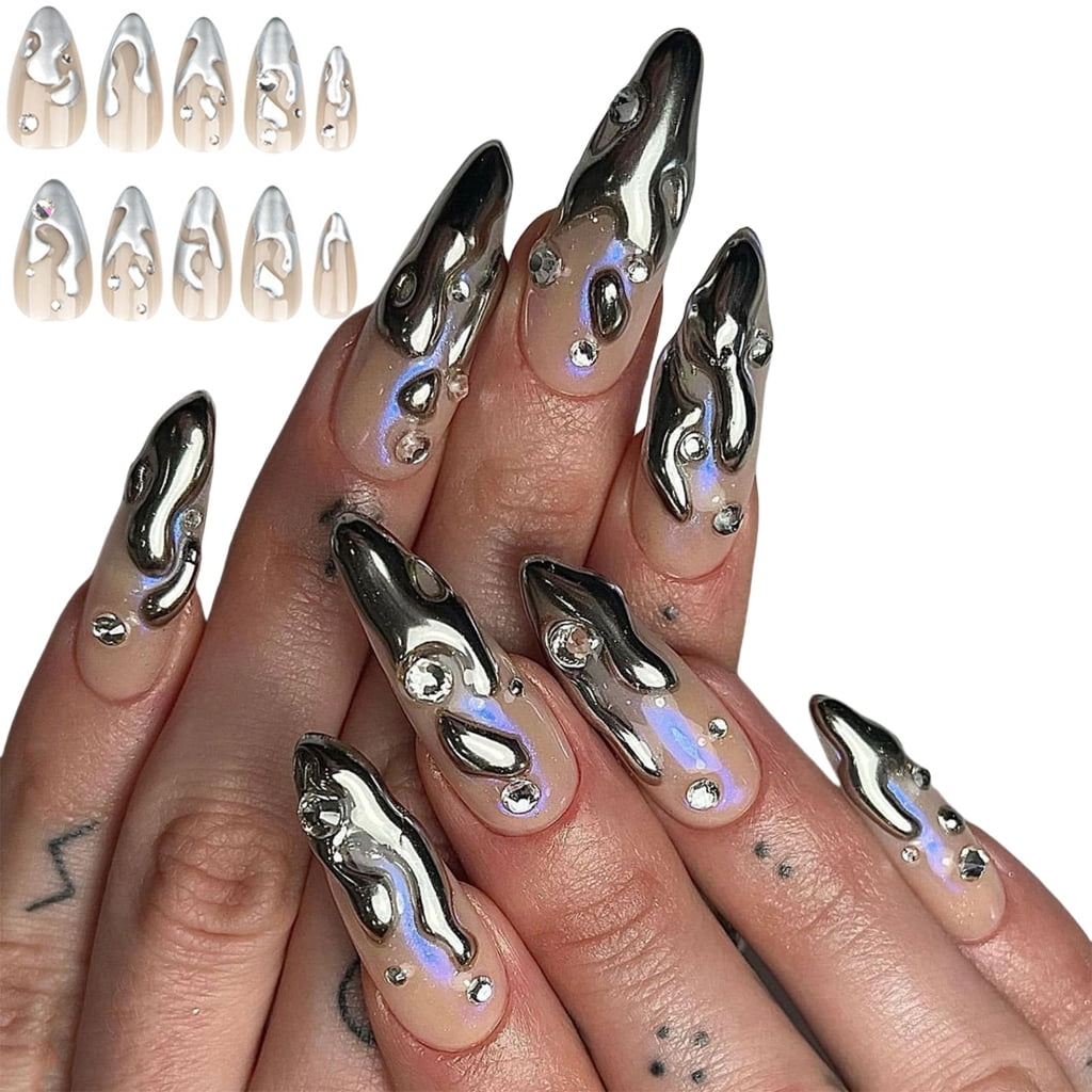 GRABLOOM Almond Shaped Nail Art Stickers with 3D Silver Nuggets Designs ...