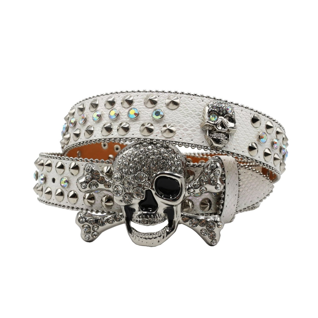 GRABLOOM Cool Skull Buckle Belt Rhinestones Rivet Belt Adult Punk Belt ...