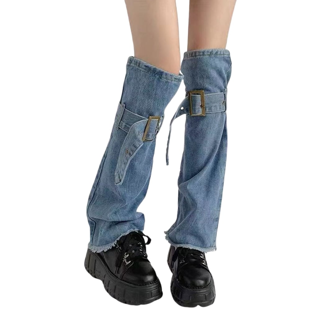 GRABLOOM Distressed Blue Jeans Leg Warmer with Buckled Straps Punk Over ...