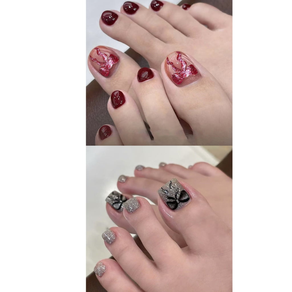 GRABLOOM Fake Toe Nail,Full Cover Glossy Acrylic Toenails,Bows Designs ...