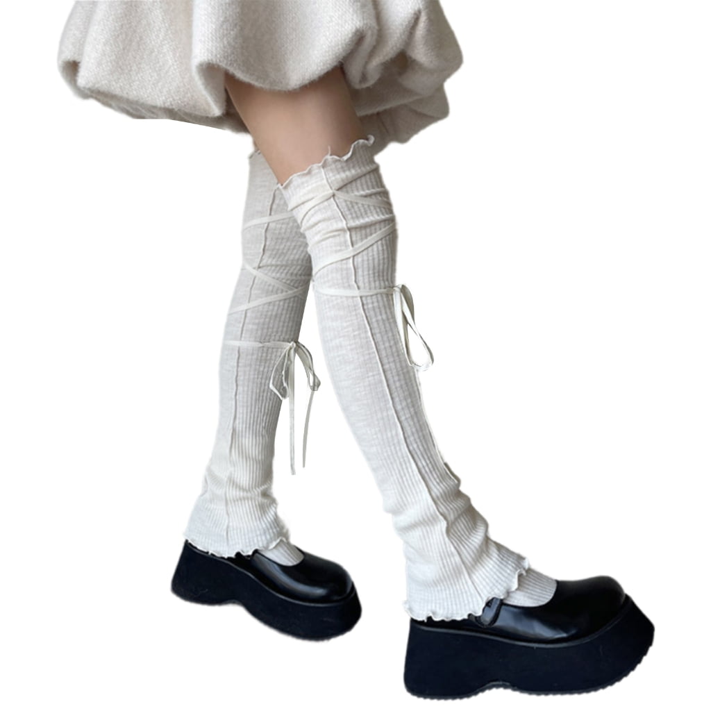 GRABLOOM Fashionable Lace Up Ribbed Leg Warmers Ruffle Trim Thigh High ...