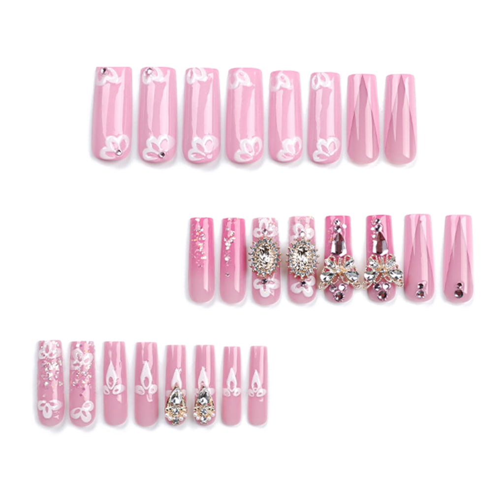 GRABLOOM Stick on Nails with Butterfly Flower Rhinestones Long Coffin ...