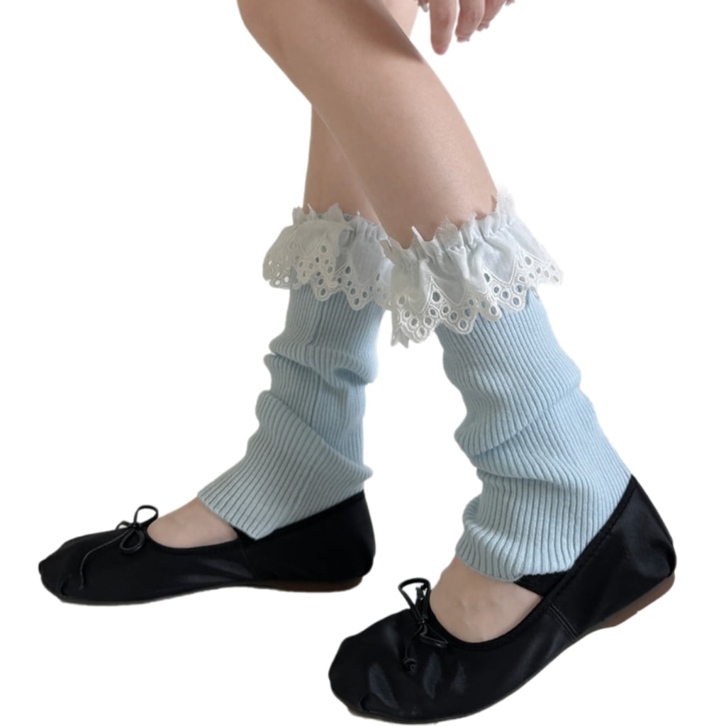 GRABLOOM Women Japanese Ribbed Knit Leg Warmer Cute Ruffle Lace Trim ...