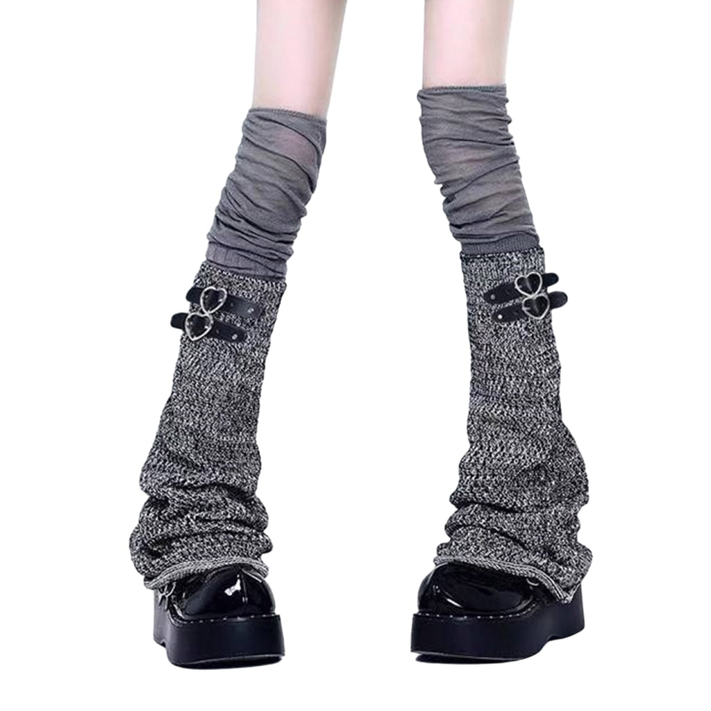 GRABLOOM Women Over Knee Leg Warmers Harajuku Punk Buckled Belt Flared ...