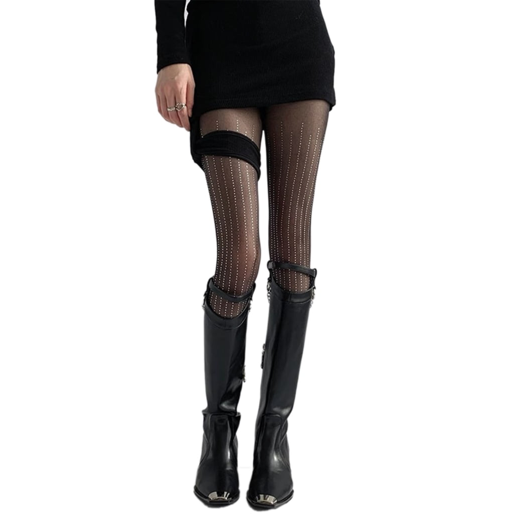 GRABLOOM Women Sheer Stockings with Striped Rhinestones Sexy See ...