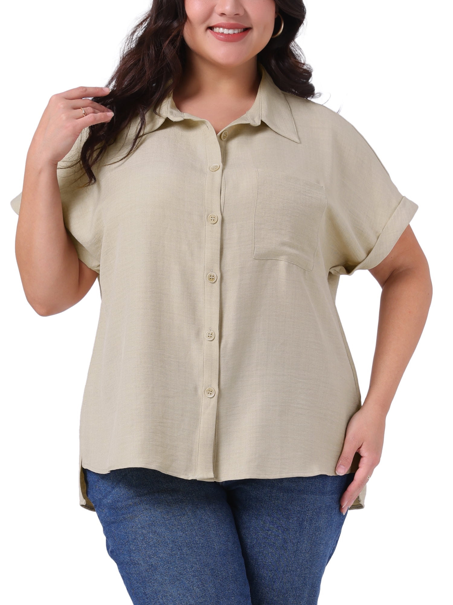 Agnes Orinda Women's Plus Size Button Down Shirts Lapel Rolled Short ...