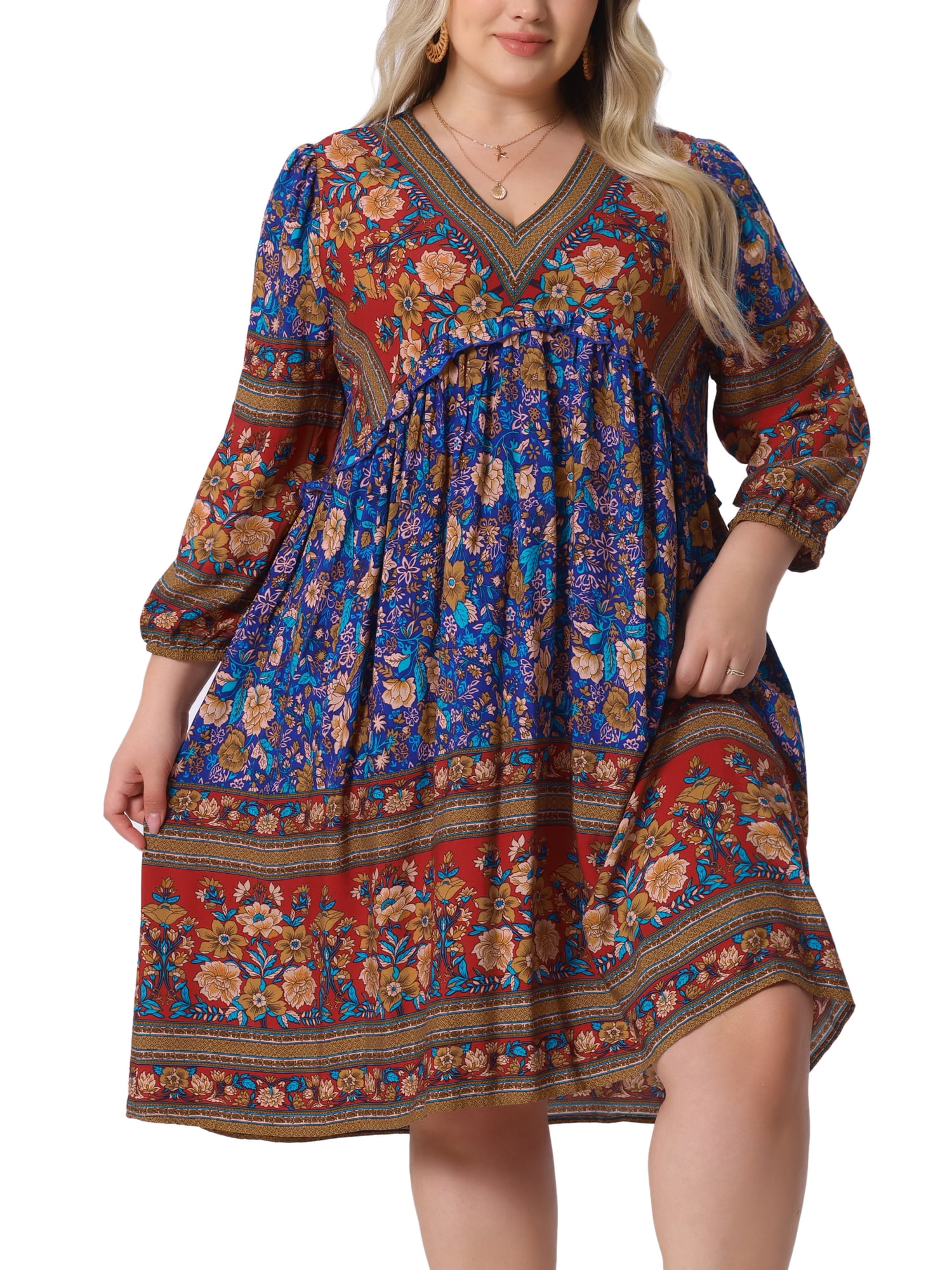 Agnes Orinda Women's Plus Size Floral Dress Casual Boho V Neck 3/4 ...