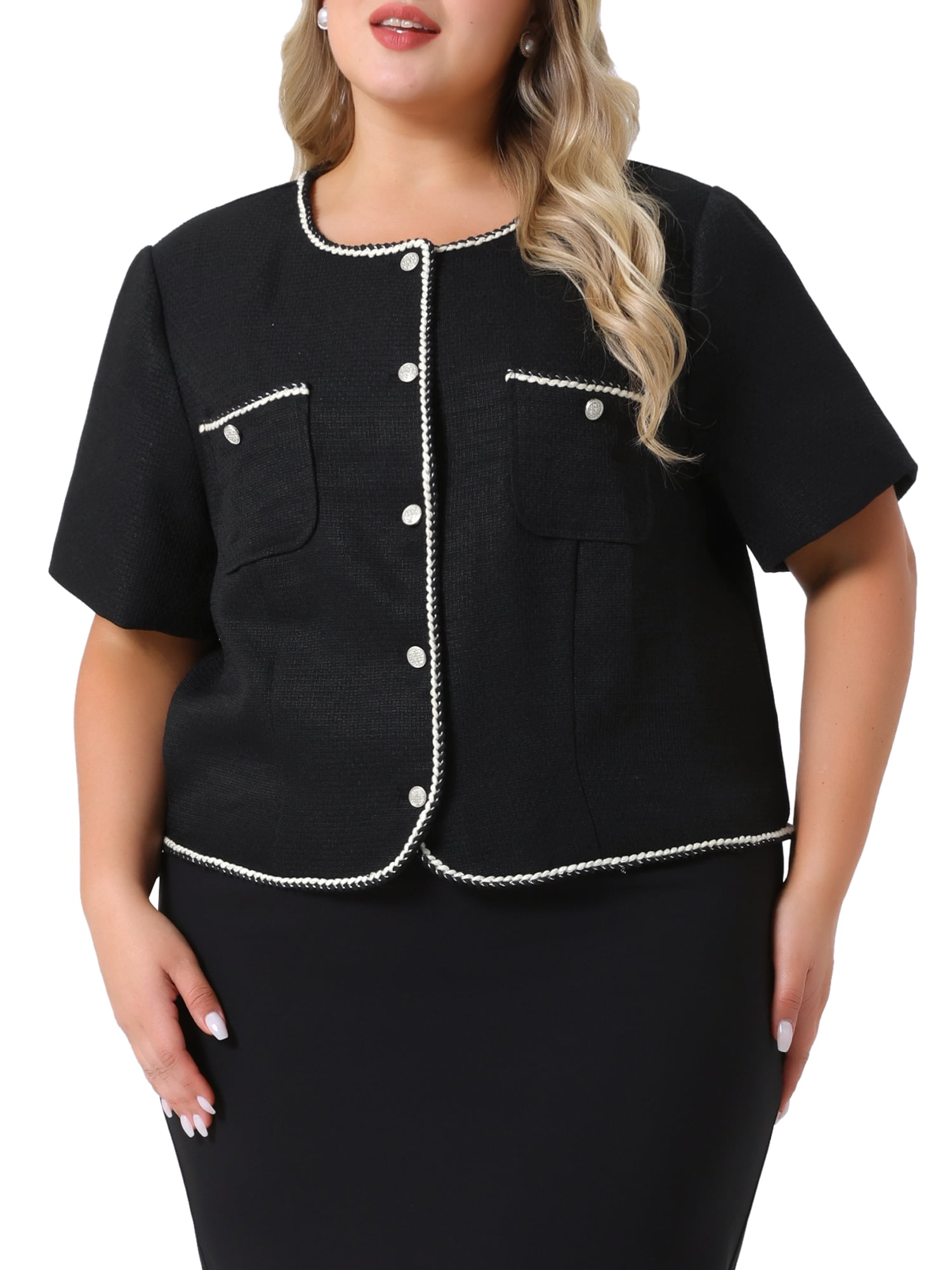 Agnes Orinda Women's Plus Size Tweed Jacket Button Down Short Sleeve ...