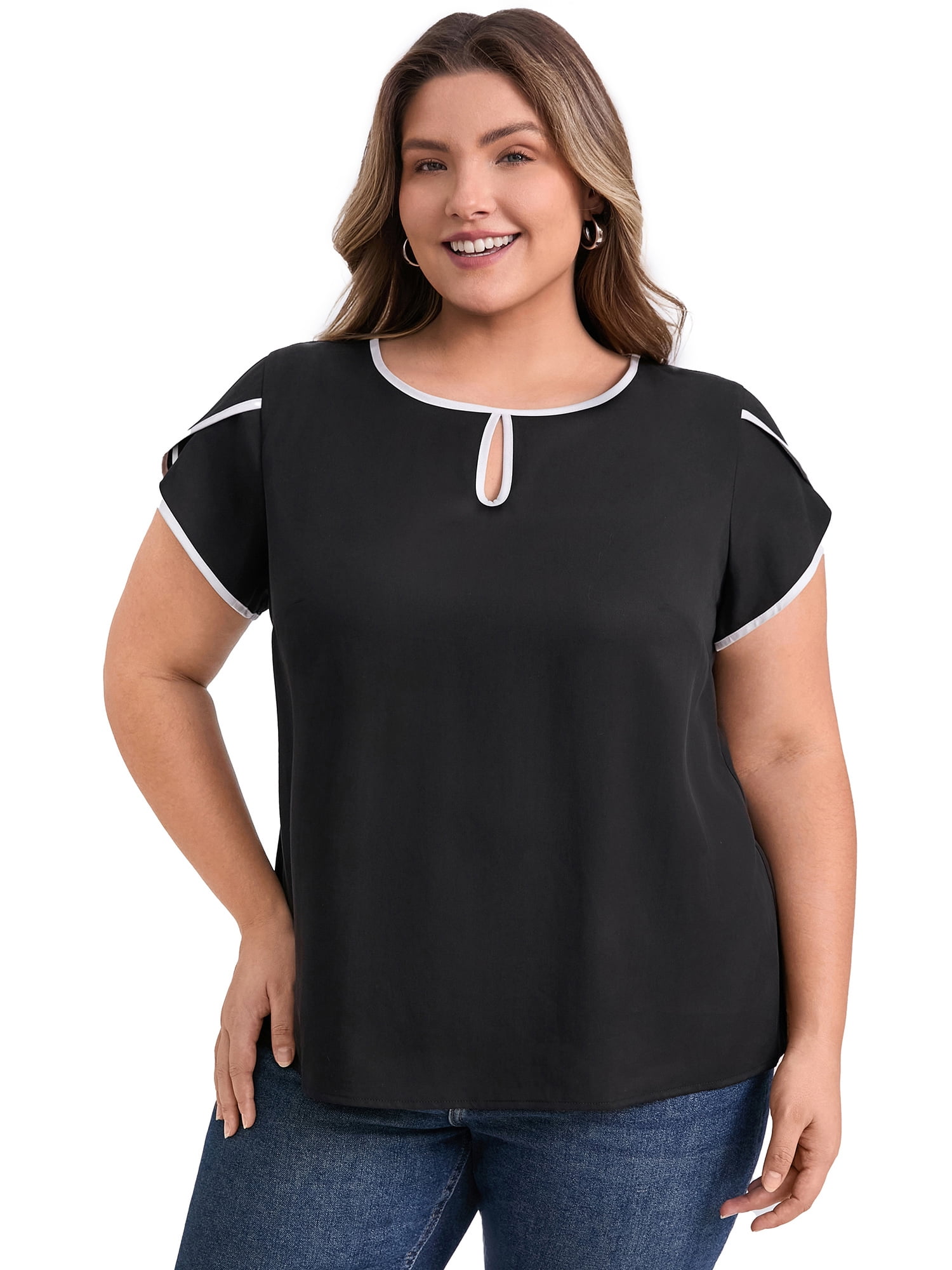 GRACE & GRANDEUR Women's Plus Size Blouse Contrasting Colors Keyhole ...