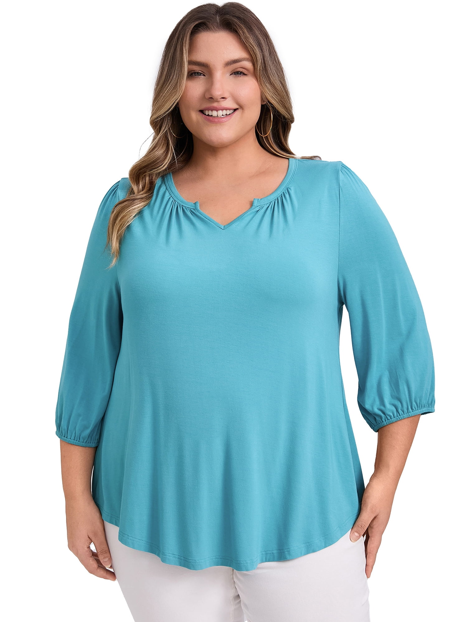 GRACE & GRANDEUR Women's Plus Size Blouses Notch V Neck Smocked 3/4 ...
