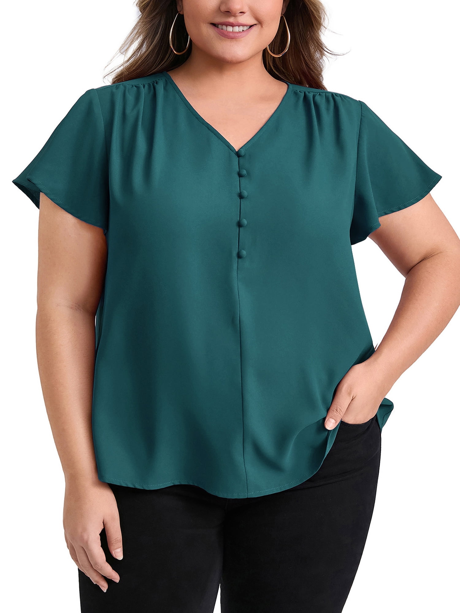 GRACE & GRANDEUR Women's Plus Size Blouses Pleated V Neck Ruffle Sleeve Button Decor Casual ...