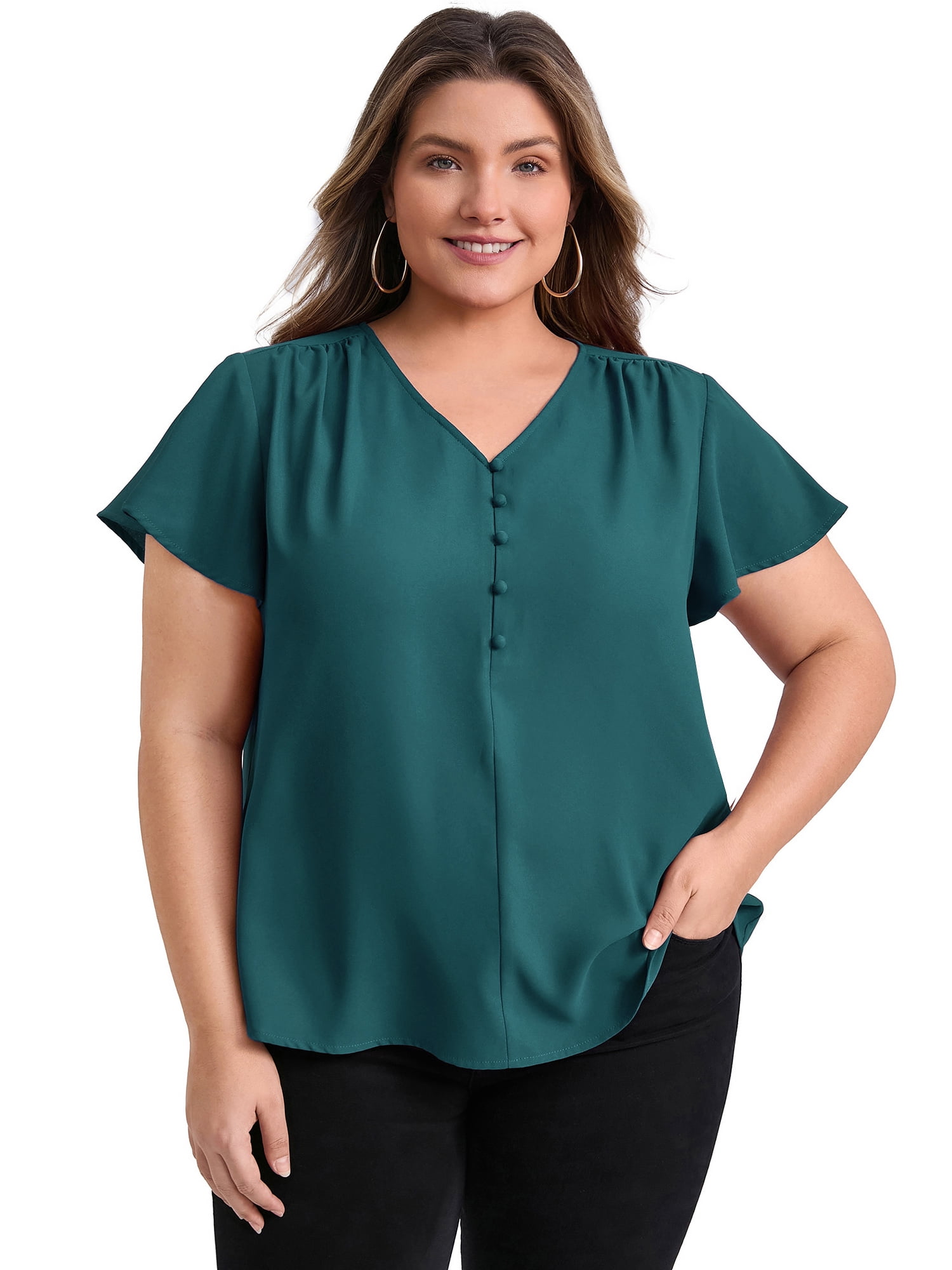GRACE & GRANDEUR Women's Plus Size Blouses Pleated V Neck Ruffle Sleeve ...