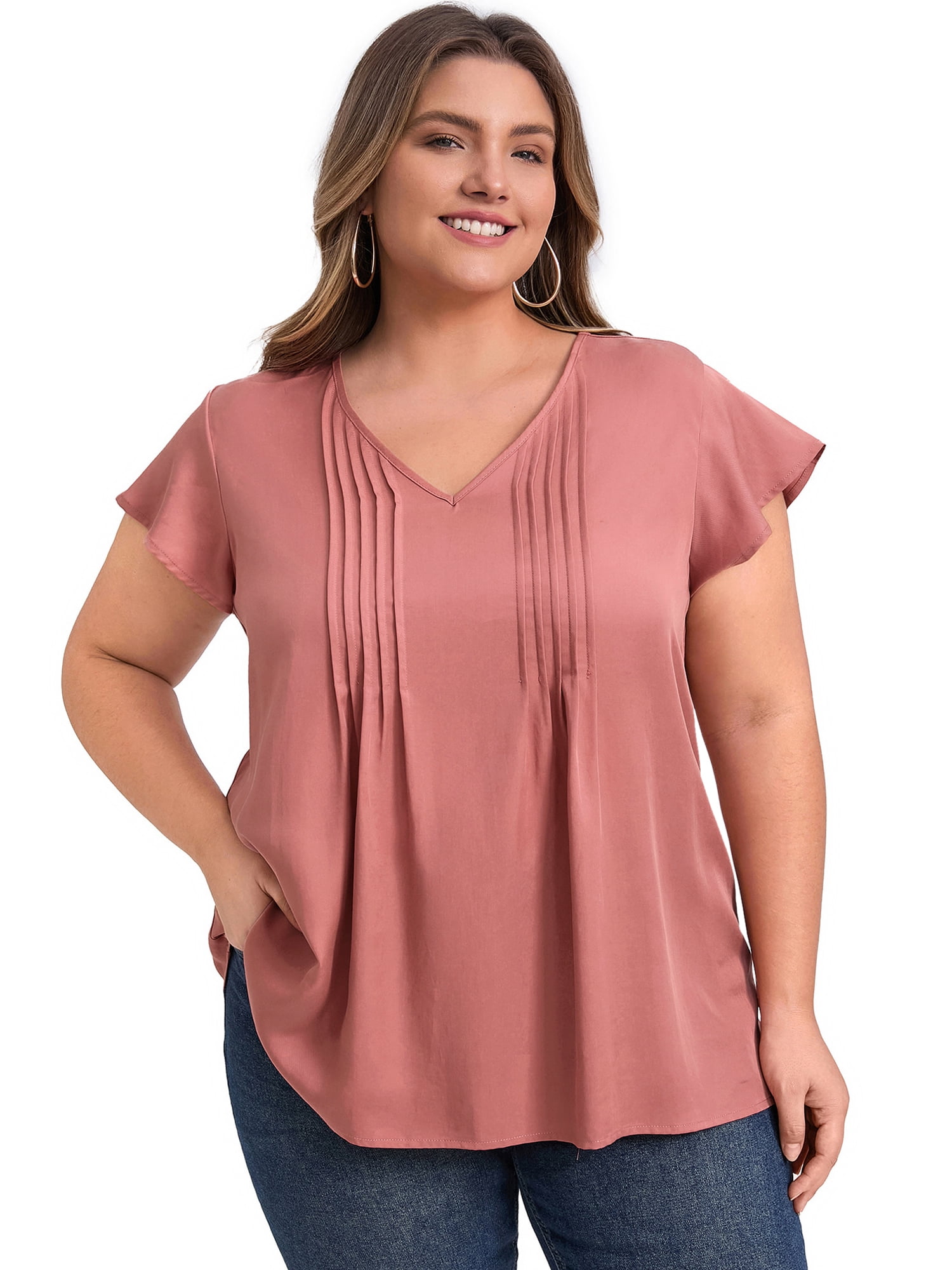 GRACE & GRANDEUR Women's Plus Size Blouses V Neck Topstitched Tucks ...