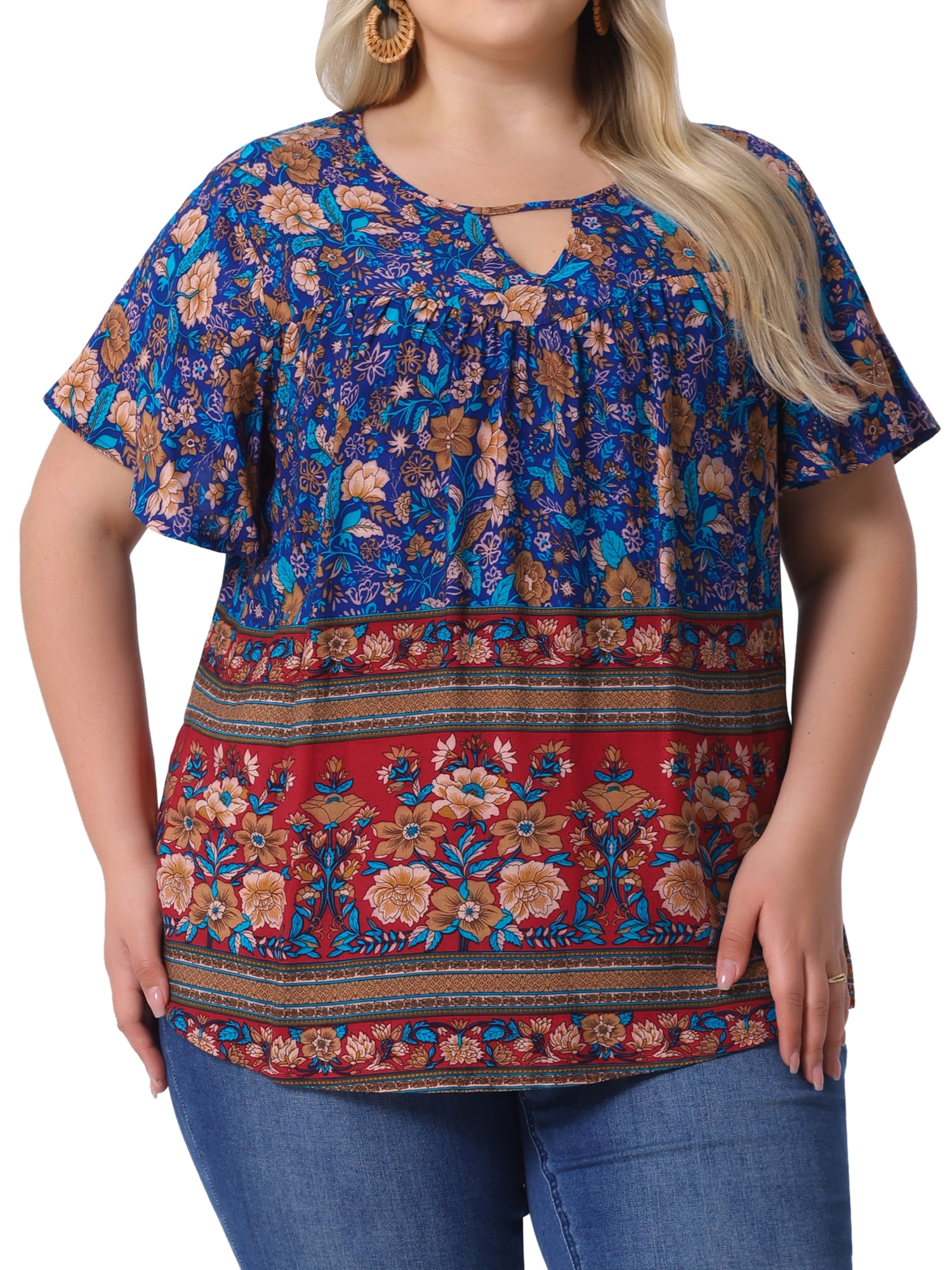 Agnes Orinda Women's Plus Size Boho Tops Floral Keyhole Neck Ruffle ...