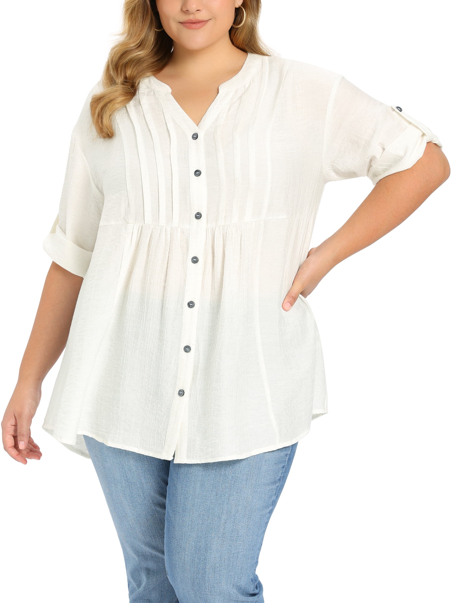 GRACE & GRANDEUR Women's Plus Size Button Down Shirts Textured Pintuck ...