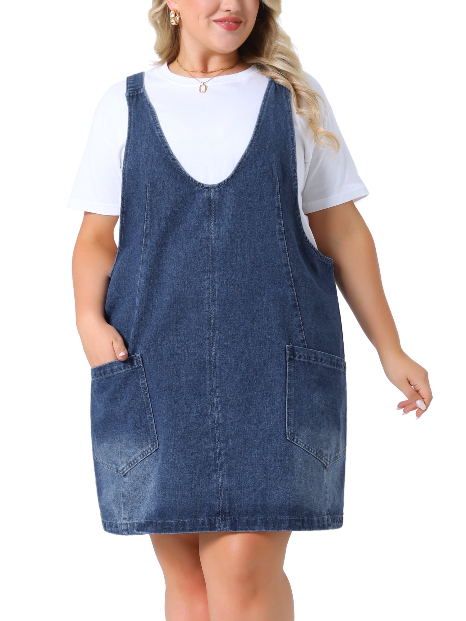 GRACE & GRANDEUR Women's Plus Size Denim Overall Dress V Neck ...