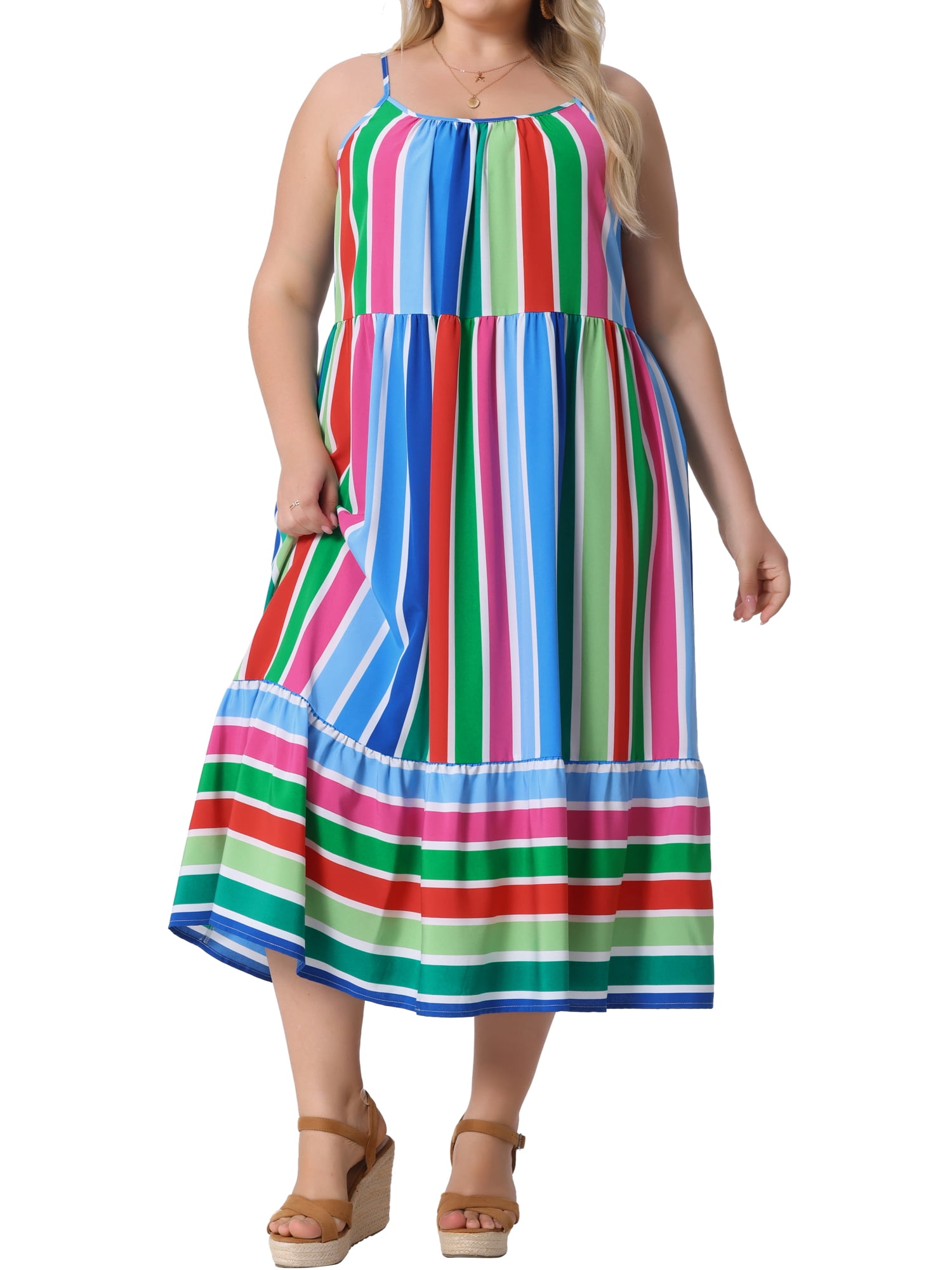 Agnes Orinda Women's Plus Size Striped Dress Adjustable Straps Summer ...