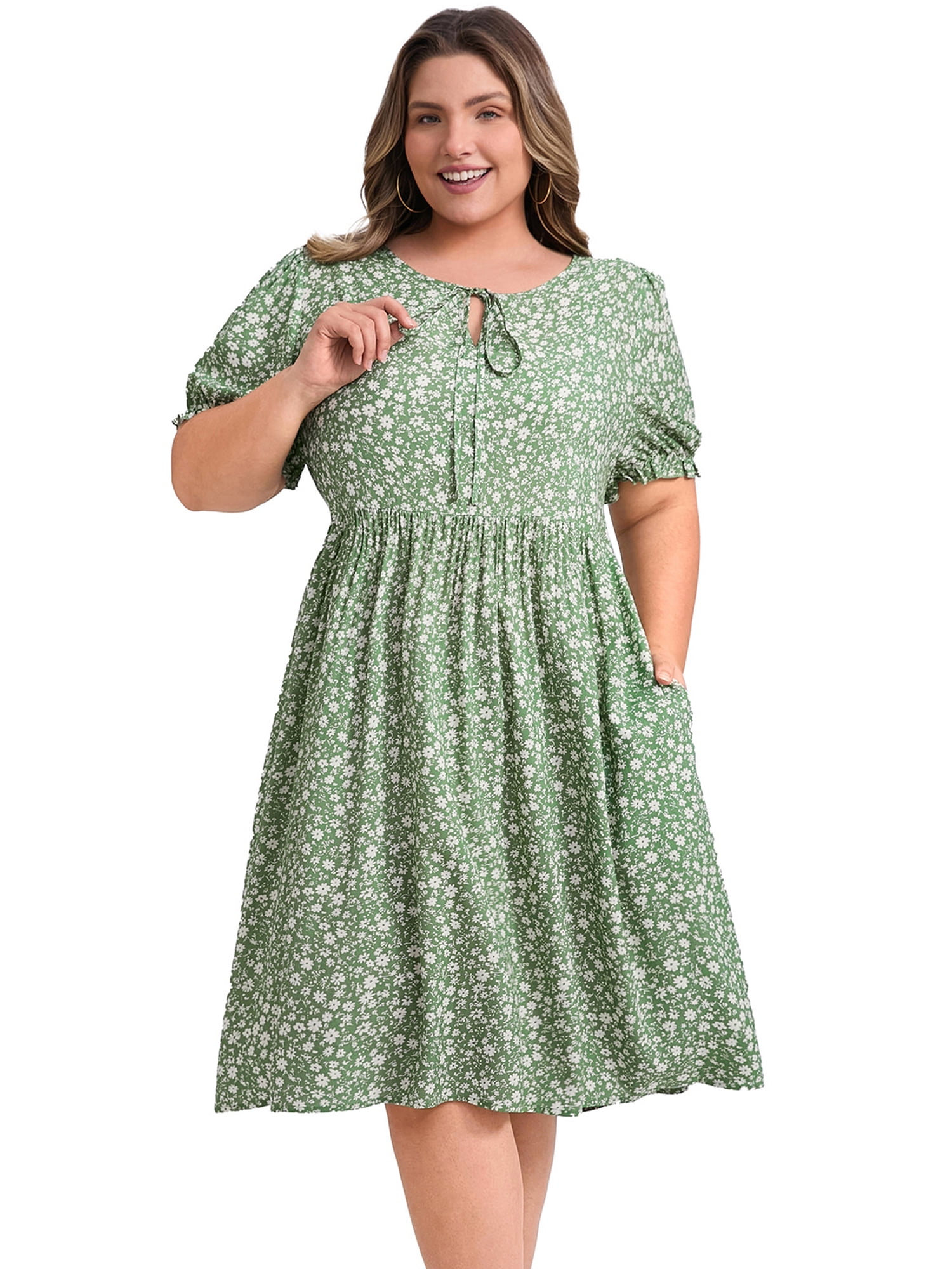 GRACE & GRANDEUR Women's Plus Size Dress Tie Neck Puff Sleeves Waist Pleated Ditsy Floral Print ...