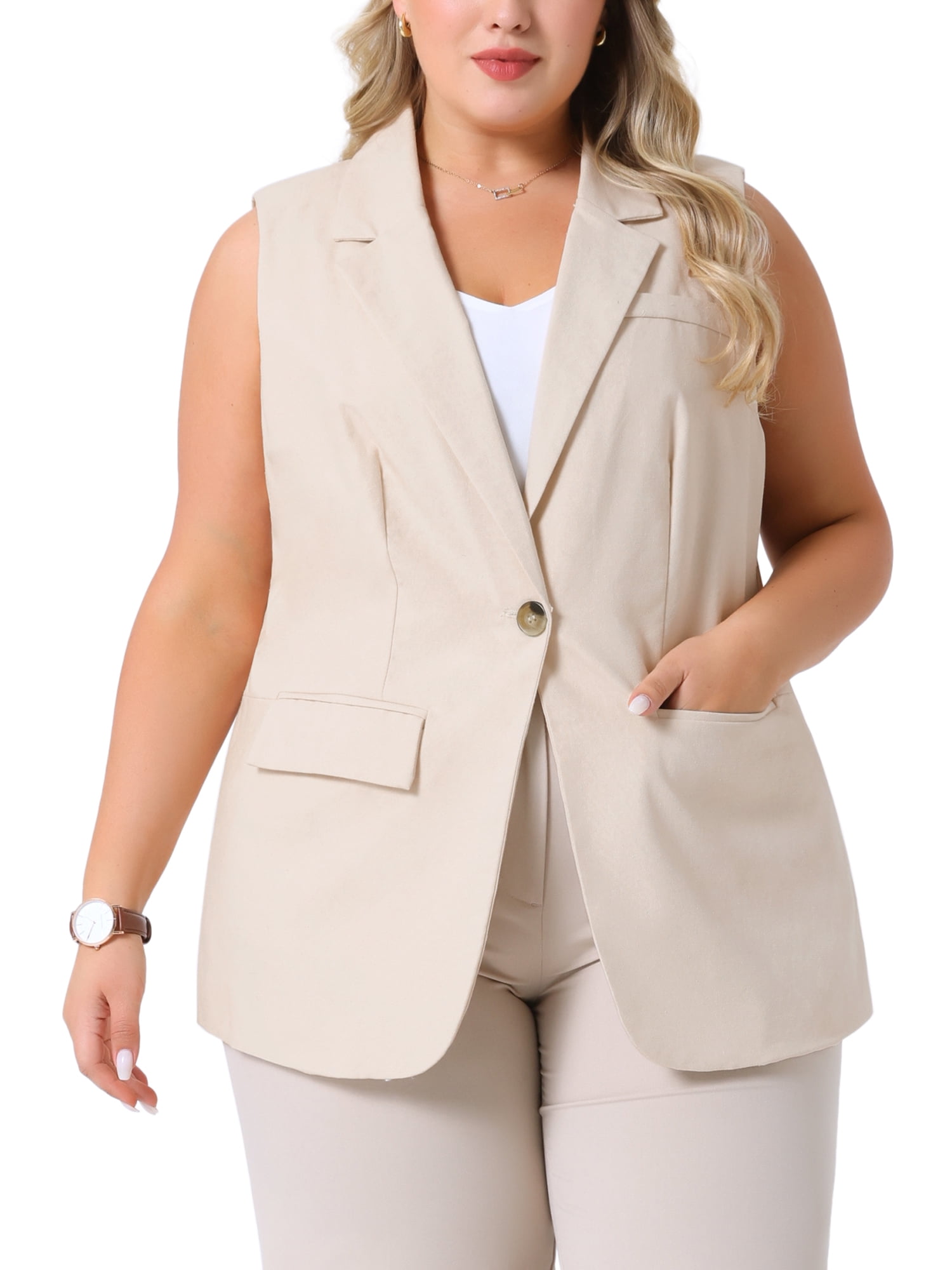 Agnes Orinda Women's Plus Size Linen Blazer Vests Button Up Sleeveless ...