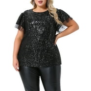 Plus Size Tops for Women 2025 Glitter 3/4 Slit Sleeve Crew Neck Shimmer ...