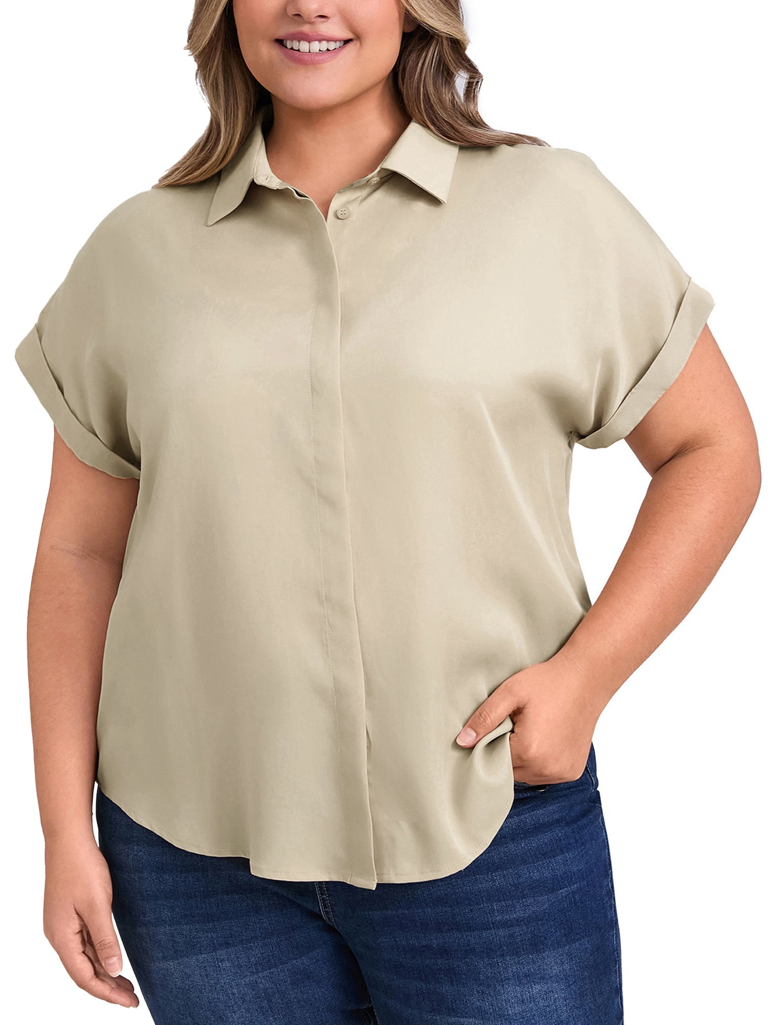 GRACE & GRANDEUR Women's Plus Size Shirts Lapel Rolled Cuffed Short Sleeve Button-Up Shirt ...