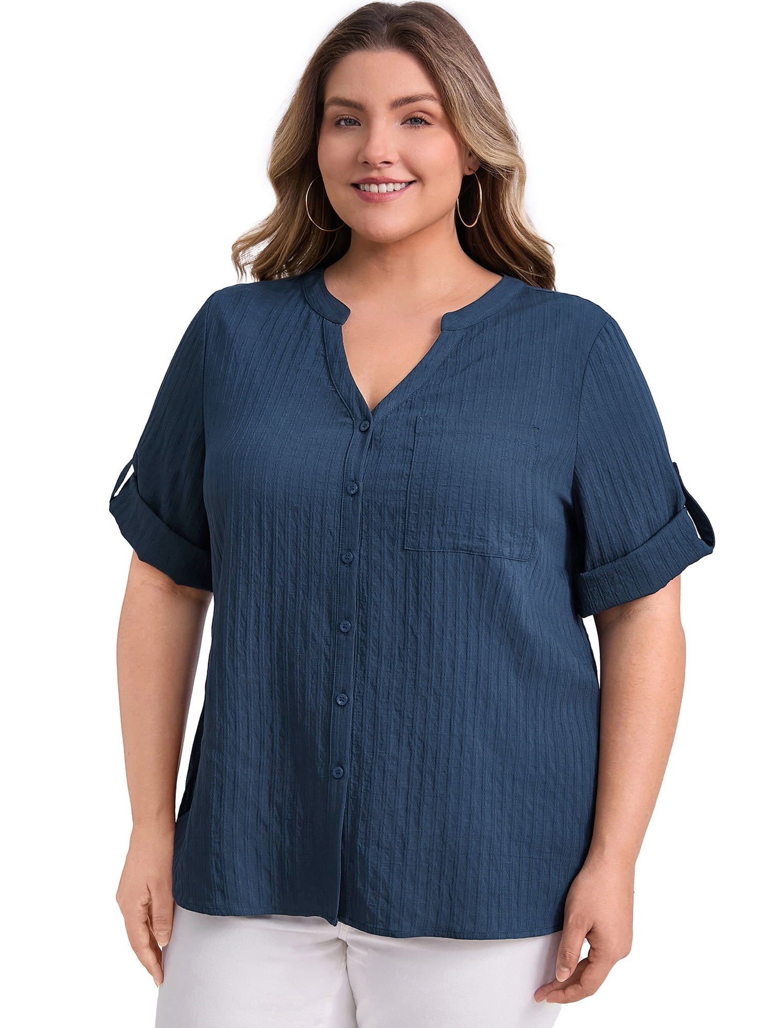 GRACE & GRANDEUR Women's Plus Size Shirts Mandarin Collar V Neck Button Down Shirt 3/4 Sleeve ...